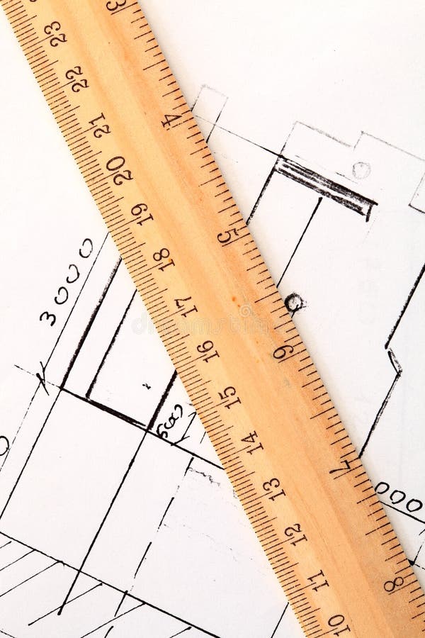Wooden Rule on Paper Drawing Stock Photo - Image of design, engineering ...