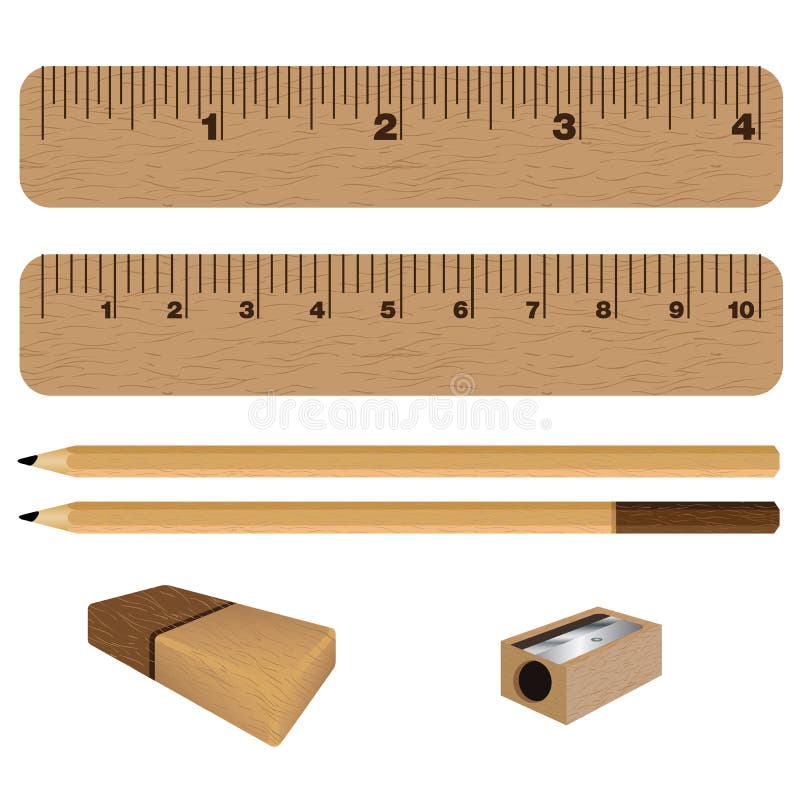 Drawing Box Set. Ruler and Pencil, Eraser with Sharpener on White ...