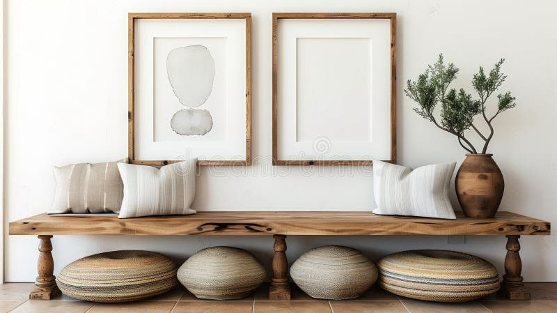 Wooden Rustic Bench Near White Wall with Two Frames Stock Image - Image ...