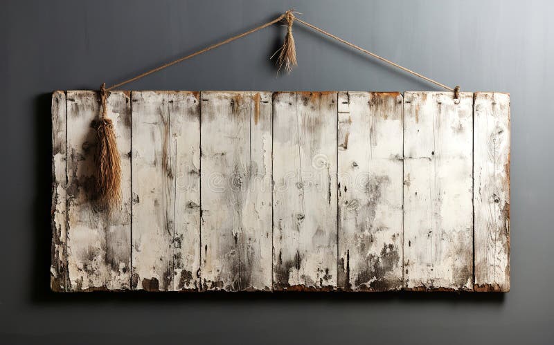 A Wooden Rustic Board Sign Hanging from a Rope on a Wall Stock ...