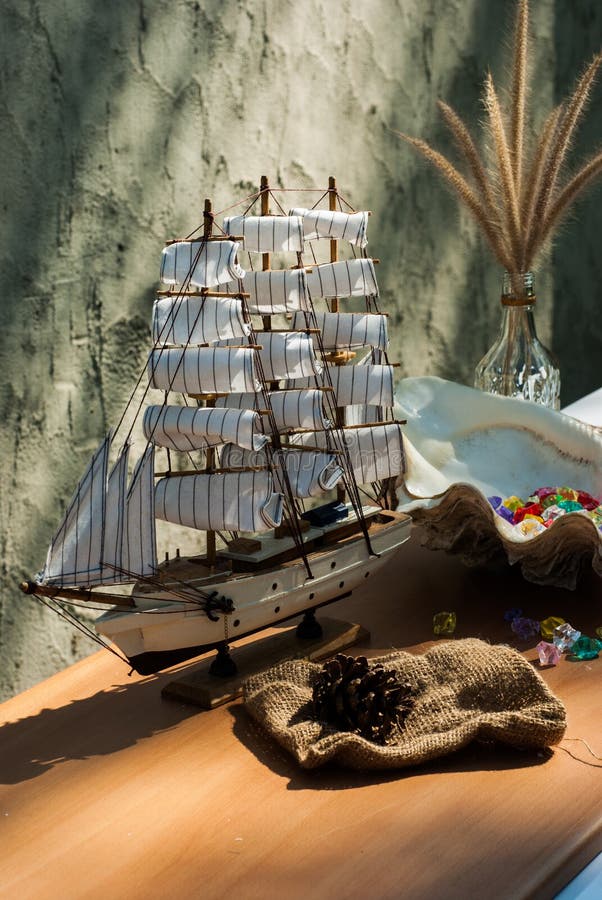 Wooden Sail Ship Toy Model with Shells Stock Photo - Image of wood ...