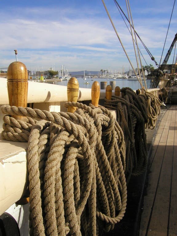Wooden Sailboat Rail & Rigging Stock Photo - Image of marine, belaying ...