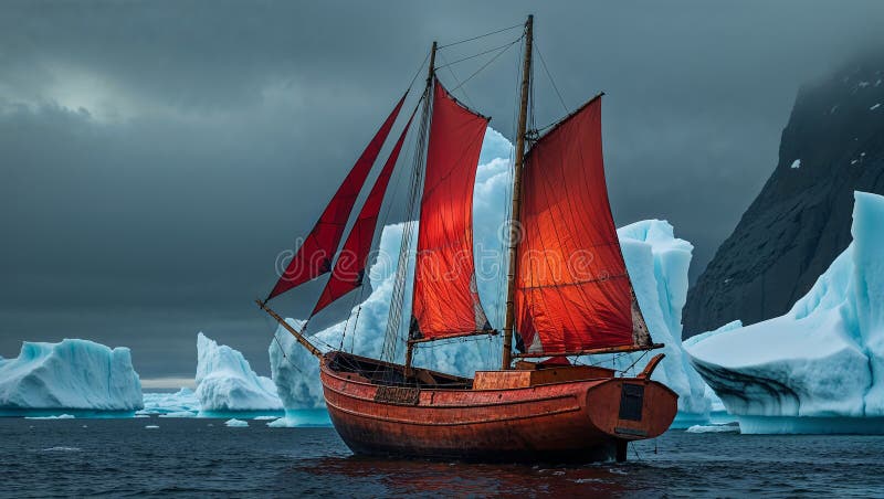 Wooden Sailing Ship with Red Sails Navigating Icy Waters Stock ...