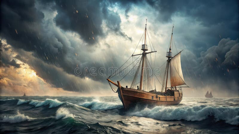 A Wooden Sailing Vessel Braving a Tempestuous Sea Under a Dramatic Sky ...