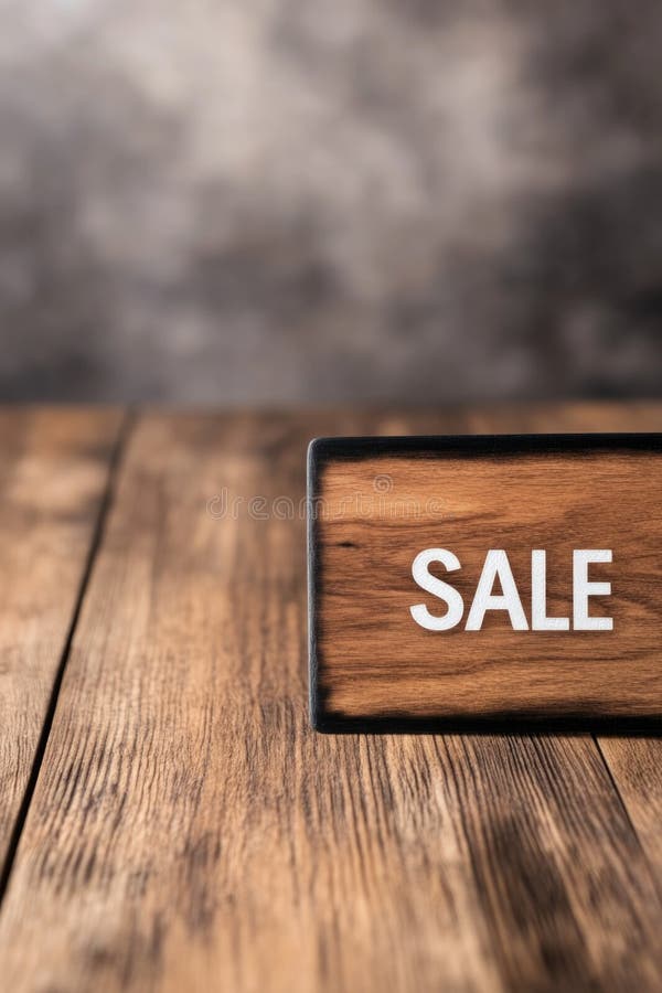 Wooden Sale Sign on Rustic Table with Blurred Background Stock ...