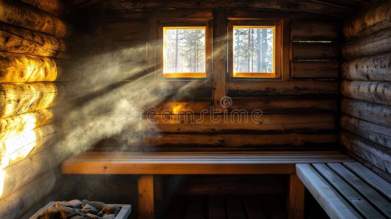 Wooden Sauna Interior with Sunlight Streaming through Windows Stock ...