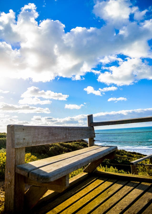 Wooden Seat with Sea and Blue Sky1 Stock Image - Image of mountain ...