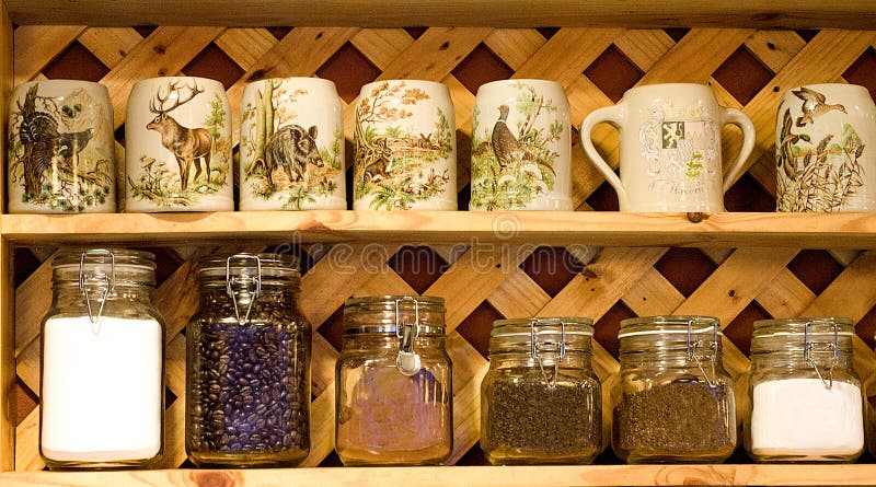Wooden Shelf with Container Stock Photo - Image of group, cafe: 41204070