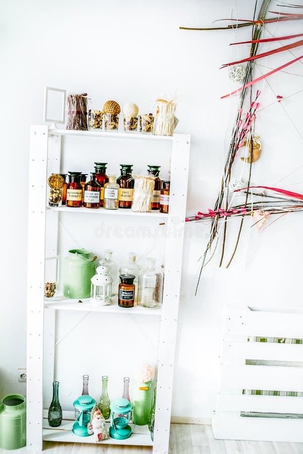 Wooden Shelf with Decorative Elements Stock Photo - Image of modern ...