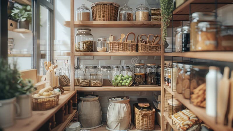 A Wooden Shelf Filled with Various Types of Food Stock Image - Image of ...