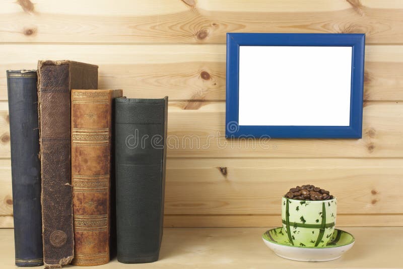 Wooden Shelf with Old Books and Picture Frame Stock Photo - Image of ...