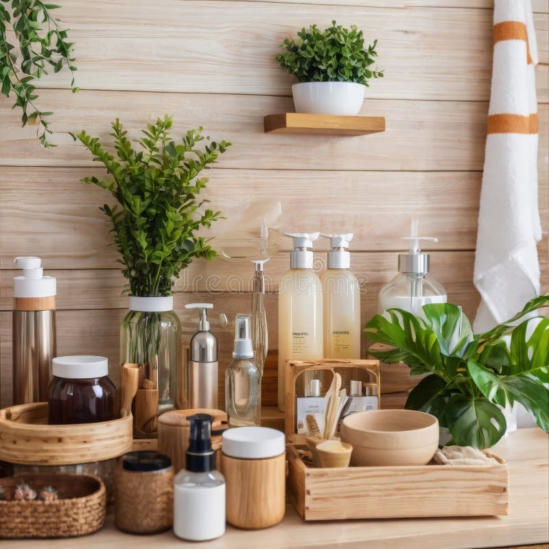 A Wooden Shelf with Plants and Bottles of Soap and a Bottle of Hand ...