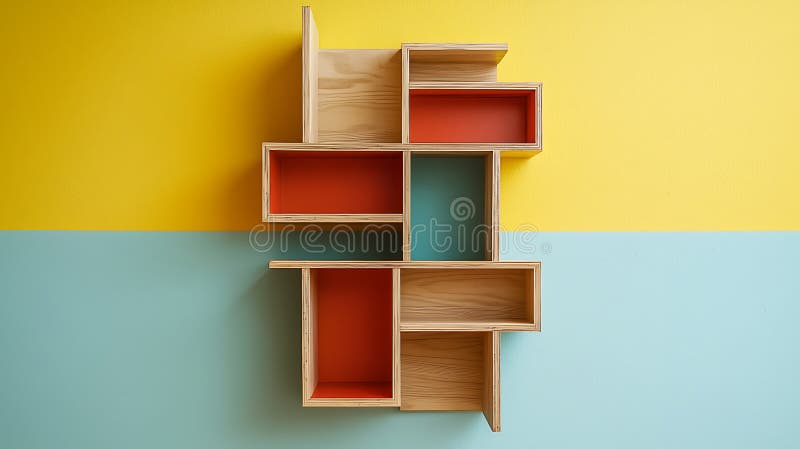 A Wooden Shelf with Red and Blue Boxes on it Stock Photo - Image of ...
