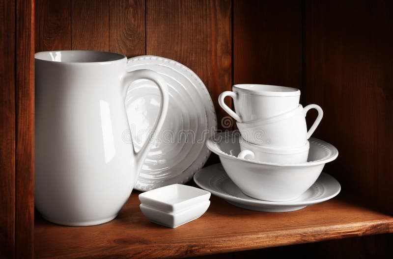 Wooden Shelf with White Dinnerware Stock Photo - Image of cook, group ...