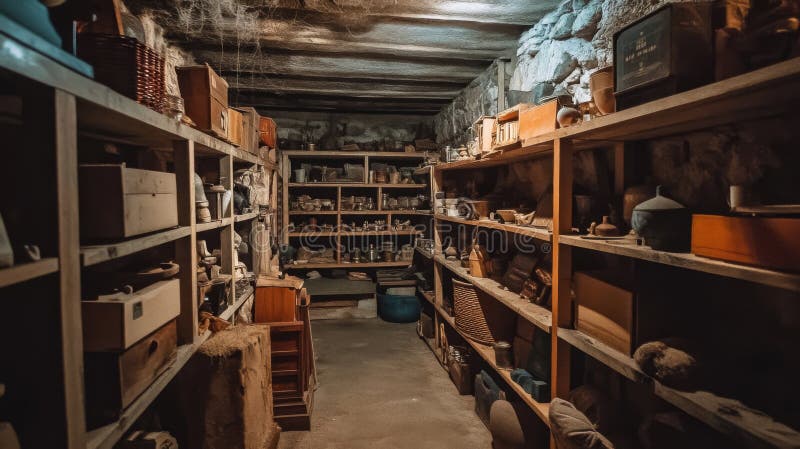 Wooden Shelves Filled with Old Objects and Dust in a Dark Basement ...