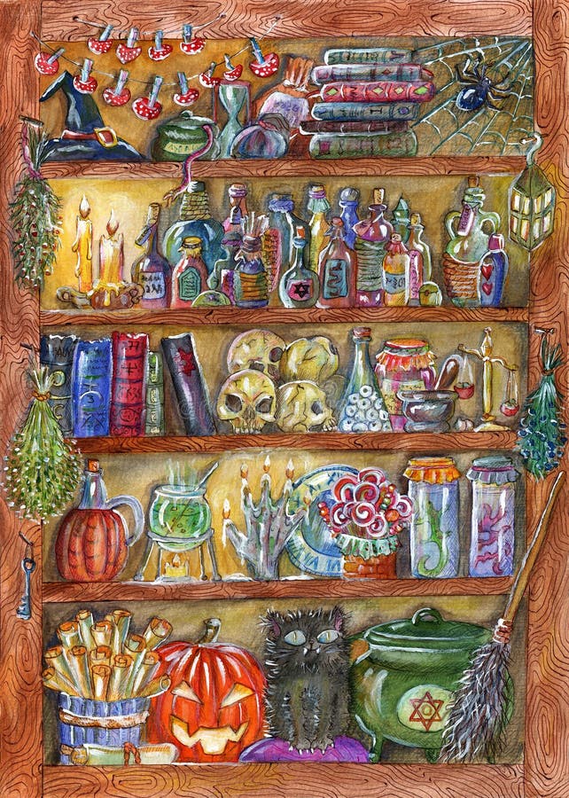 Wooden Shelves with Magic Objects Stock Illustration - Illustration of ...