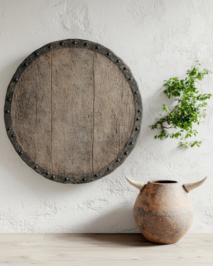Wooden Shield and Rustic Pot on a Textured Wall Stock Illustration ...