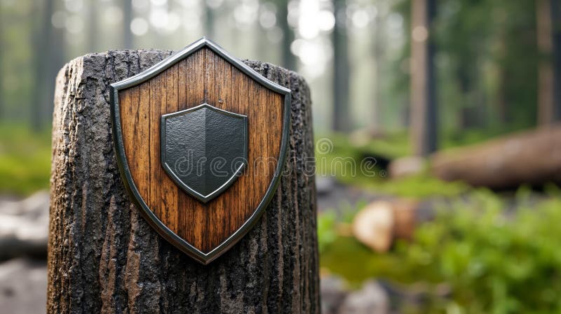 A Wooden Shield on a Tree Stump in the Woods Stock Photo - Image of ...