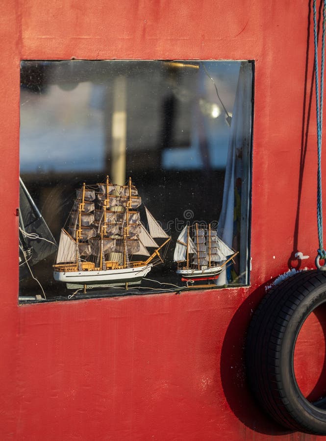 Wooden Ship Model Reflected in Glass Window.. Stock Photo - Image of ...