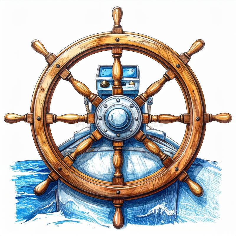 Wooden Ship Wheel on a Boat at Sea Stock Illustration - Illustration of ...