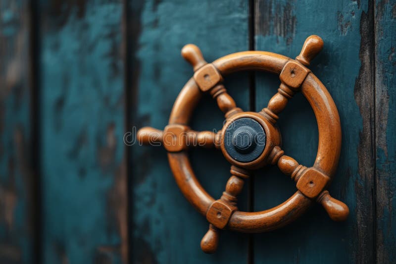 Wooden Ship Wheel Decor on Rustic Blue Background in Nautical Theme ...