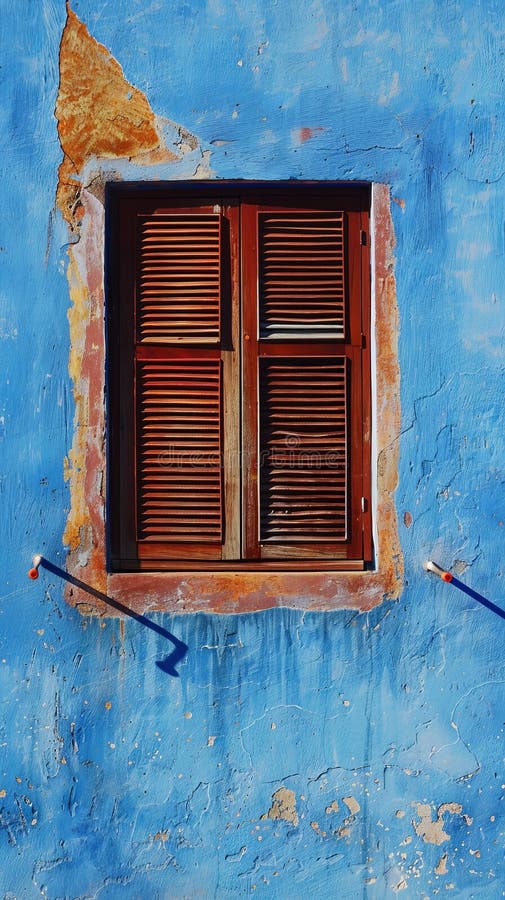Wooden Shutter Window on Rustic Blue Wall Stock Image - Image of blue ...