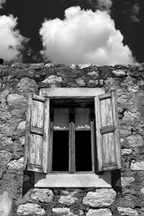 Wooden Shutters in a Rustic Style Border a Stone Wall Window, with ...