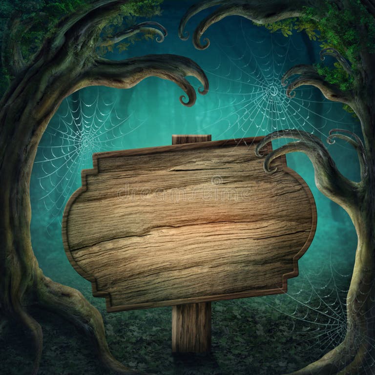 Wooden Sign in the Dark Forest Stock Illustration - Illustration of ...