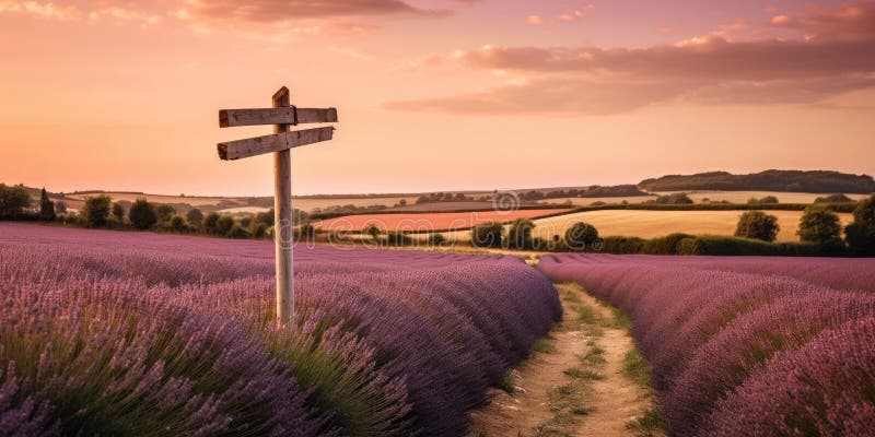 A Wooden Sign in a Field of Lavender Stock Illustration - Illustration ...