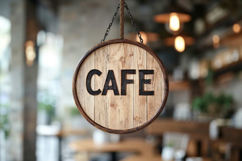 A Wooden Sign Hanging from the Ceiling of a Cafe Stock Image - Image of ...