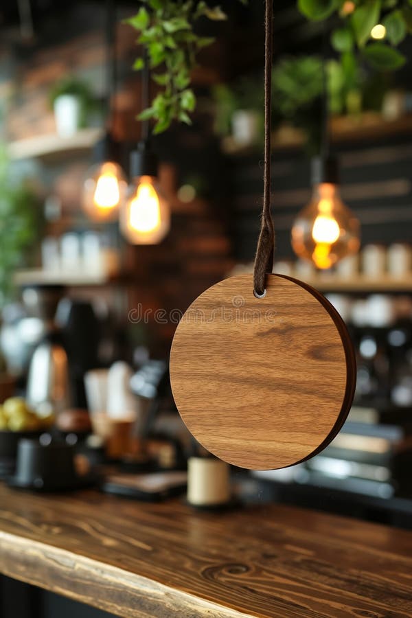 A Wooden Sign Hanging from a Wooden Table in a Restaurant Stock Image ...