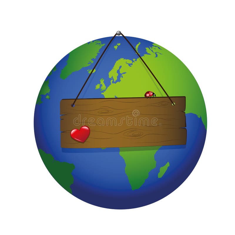 Wooden Sign on the Planet Earth with Red Heart and Ladybug Stock Vector ... Wooden Sign on the Planet Earth with Red Heart and Ladybug Stock Vector ...