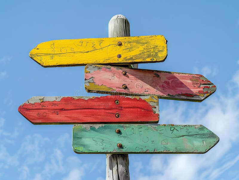 A Wooden Sign Post with Several Different Colored Signs Stock Image ...