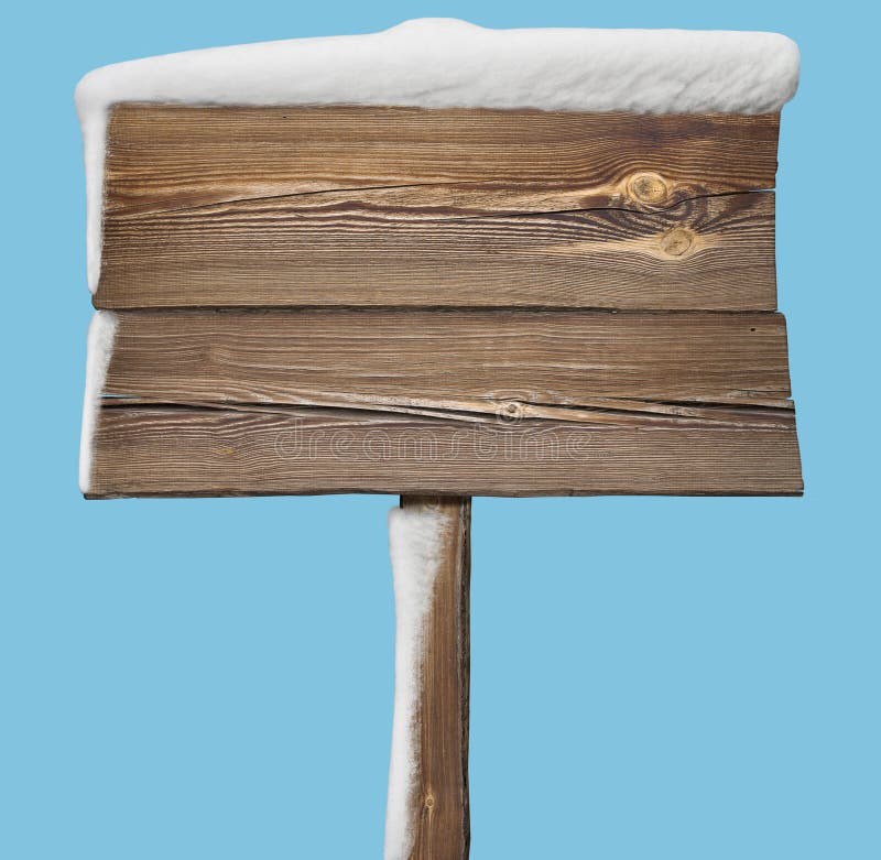 Wooden Sign with Snow on Blue Stock Photo - Image of directional ...