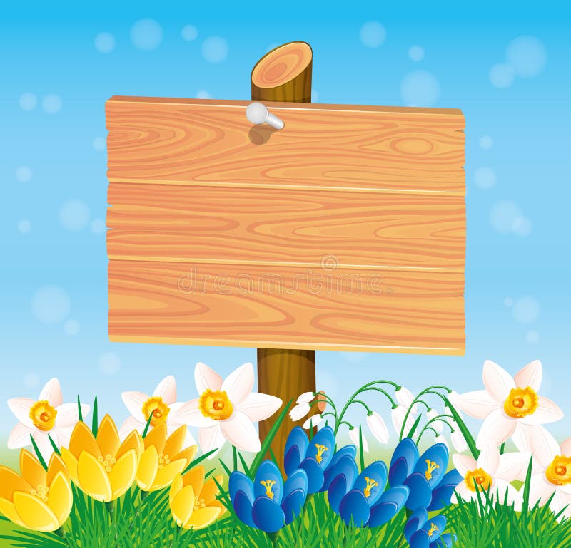 Wooden Sign and Spring Flowers. Stock Vector - Illustration of flower ...