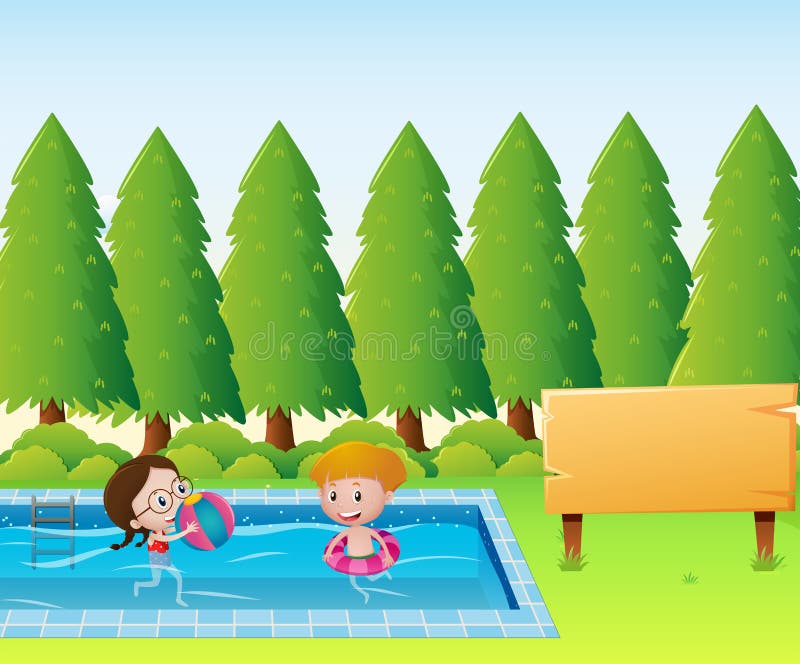 Wooden Sign Template with Kids in the Pool Stock Vector - Illustration ...