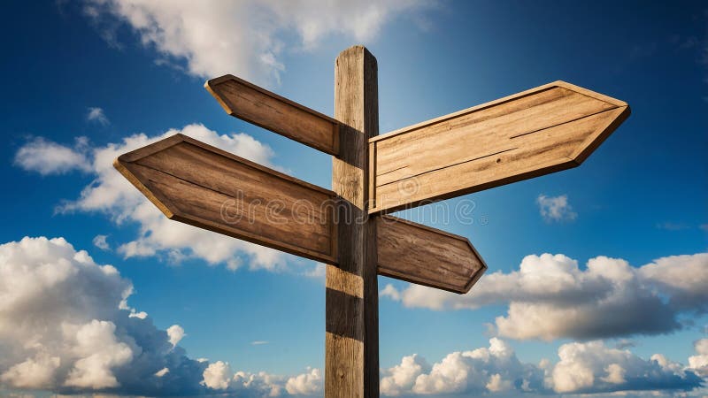 Wooden Signpost with Multiple Blank Directional Arrows Against a Blue ...