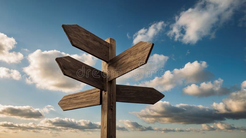 Wooden Signpost with Multiple Blank Directional Arrows Against a Blue ...