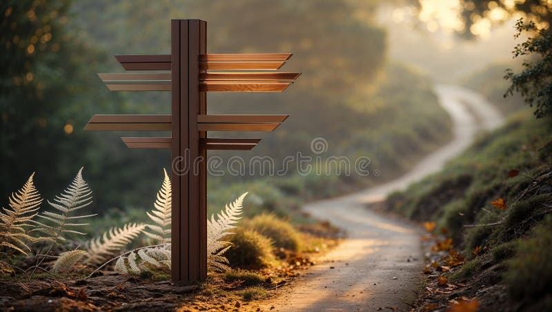 Wooden Signpost Showing Multiple Directions on a Path at Dawn in a ...