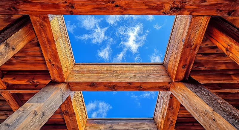 Wooden Skylight Structure with Blue Sky and Clouds Stock Image - Image ...