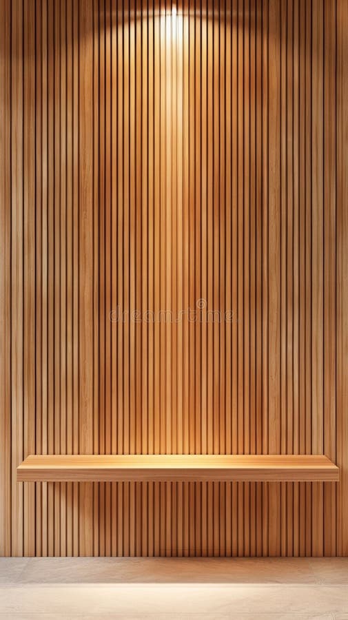 Wooden Slat Wall with Floating Shelf and Spotlight Stock Photo - Image ...