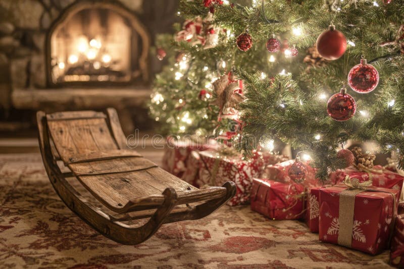 Wooden Sled Under a Decorated Christmas Tree Stock Illustration ...