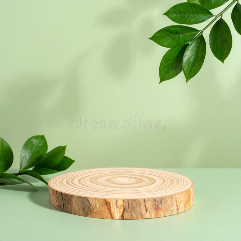Wooden Slice Display on Green Background with Leaves Stock Illustration ...