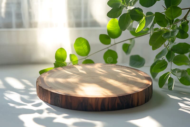 Wooden Slice Display, Sunlight, Leaves Stock Illustration ...