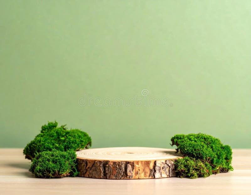 Wooden Slice with Green Moss on a Green Background Stock Illustration ...