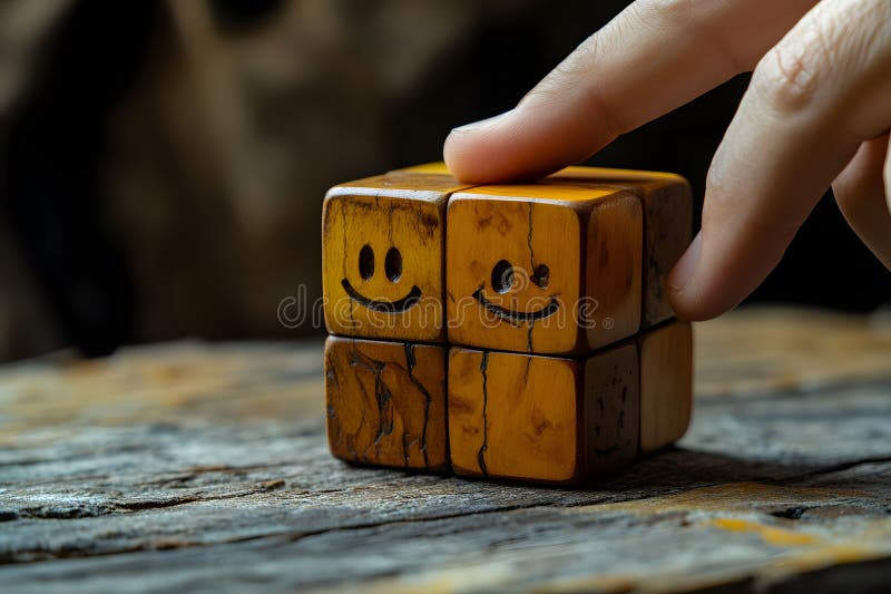 Wooden Smiley Face Cubes on a Textured Table Surface, Playful ...