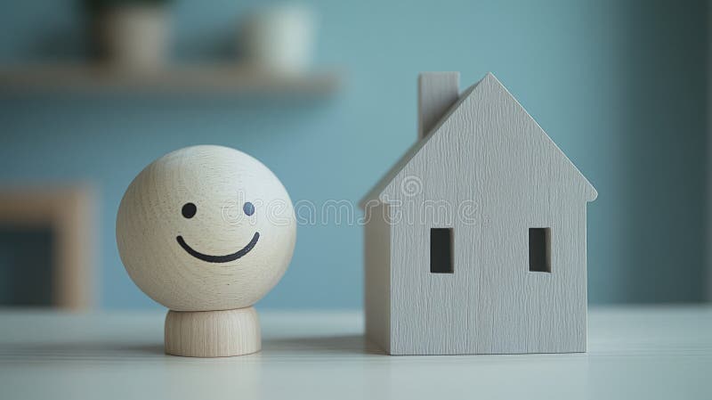 Wooden Smiley Face Next To a Small House Model. Stock Photo - Image of ...