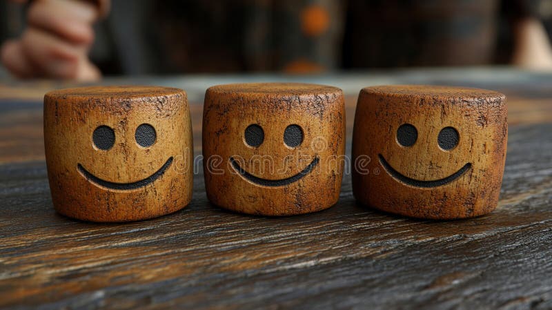 Wooden Smiley Faces on a Table, Hand in Background, Positive Feedback ...