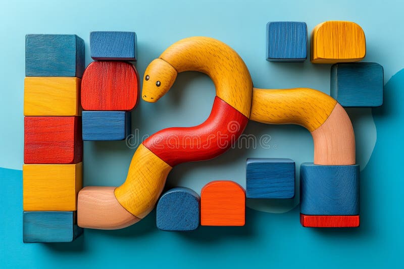 Wooden Snake Toy Slithering between Colorful Building Blocks on Light ...