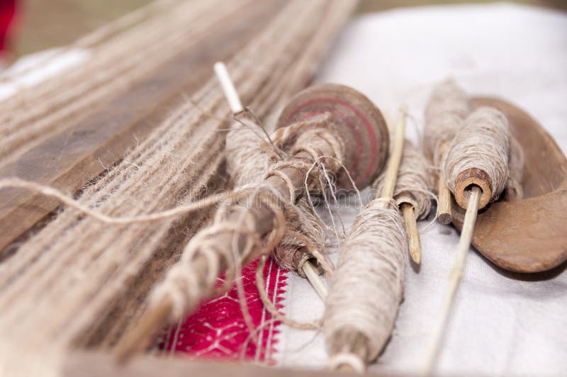 Wooden Spindles with Hemp Threads Stock Image - Image of spin, white ...